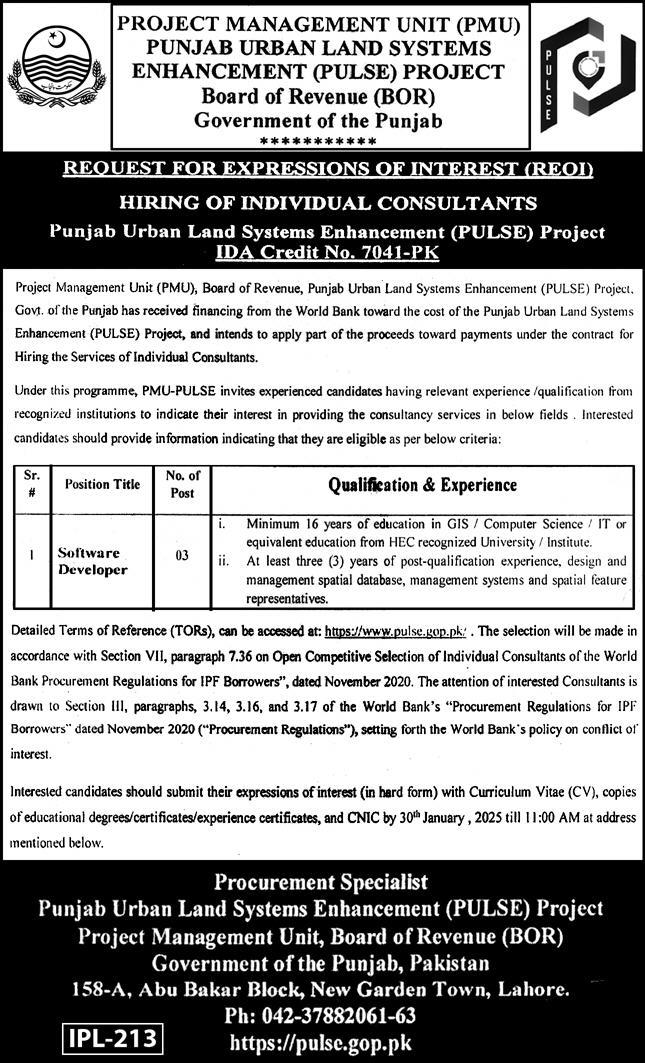 Punjab Board of Revenue PMU Jobs 2025